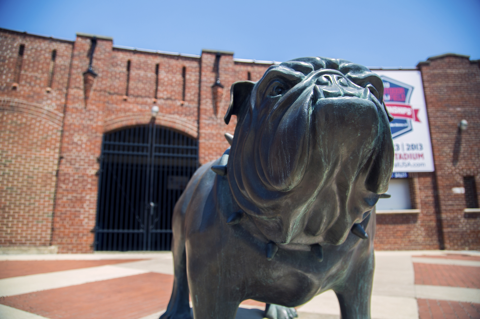Bronze Bulldog graces front entrance of Stadium Plaza - Drake ...